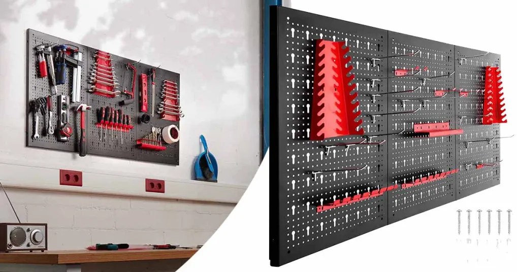 Kovový nástěnný organizér na nářadí s háčky a úložným prostorem