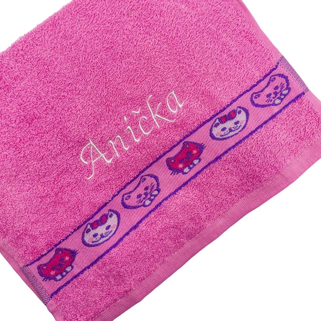 Růžový dětský ručník s vlastním textem - Kočička 30 x 50 cm