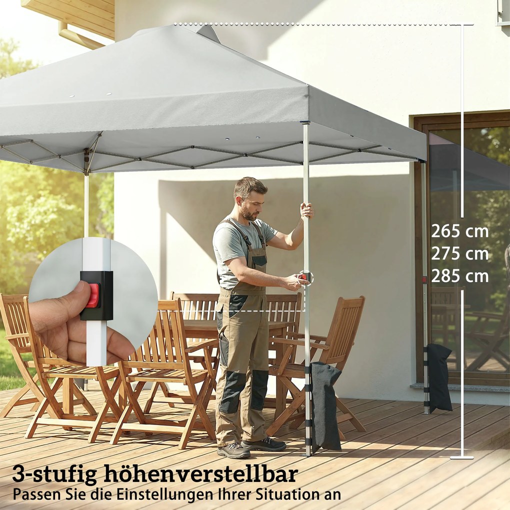 Pavilon cca 3x3 m Voděodolný Výškově nastavitelný skládací pavilon se 3 bočními stěnami Větrání oknem, UV 50+ Světle šedý