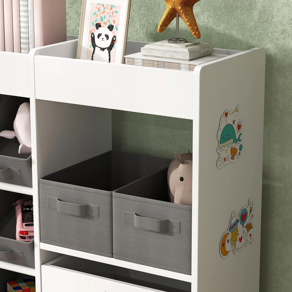 AIYAPLAY Úložný regál na hračky pro děti s 11 odnímatelnými koši a samolepkami pro hernu 105x30x80 cm Bílý