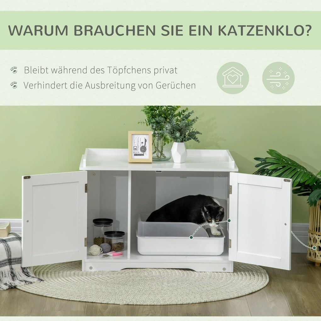 Skříňka pro kočky PawHut s nastavitelnou přepážkou a magnetickými dvířky, bílá 86x48x52cm pro stylové bydlení koček