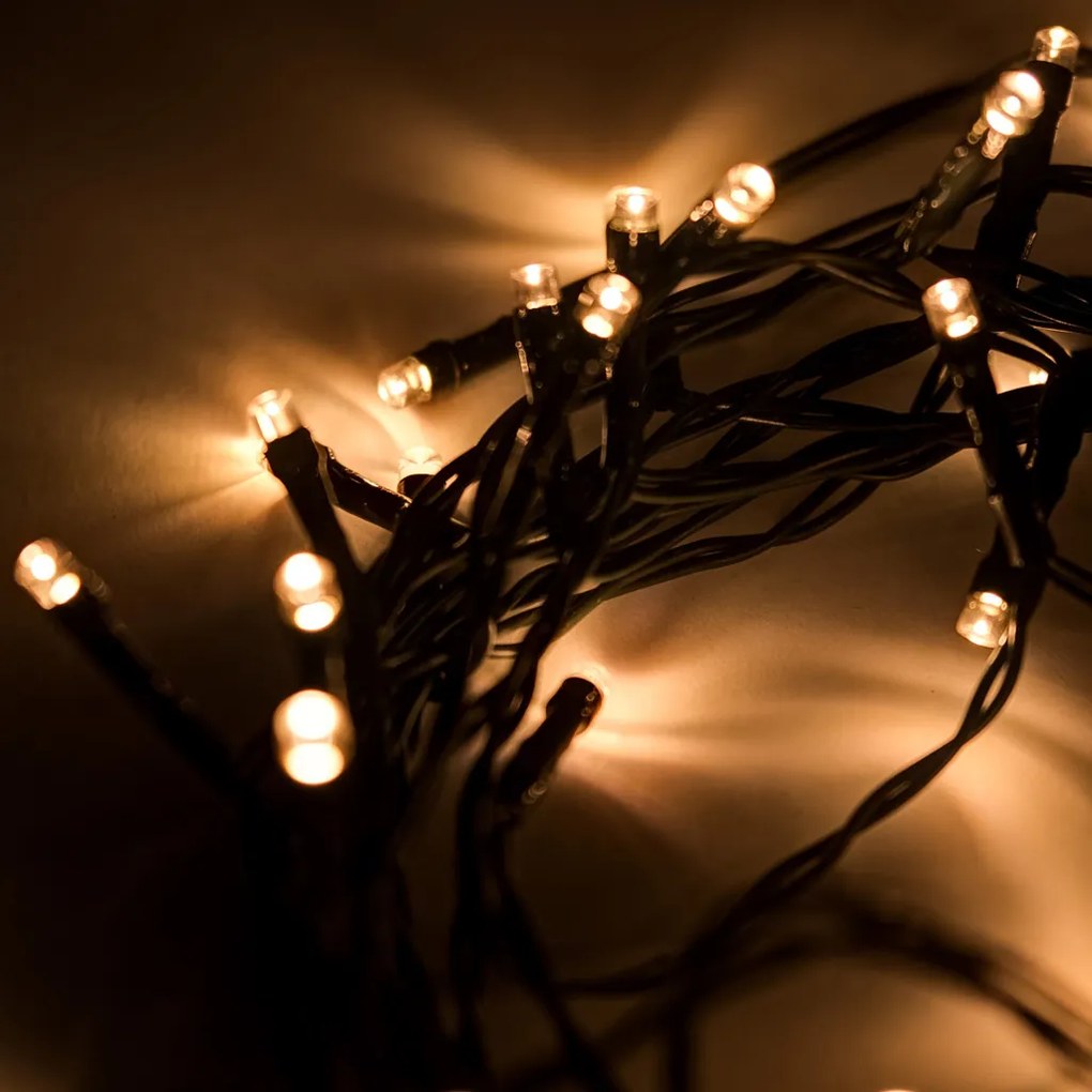LED světýlka na baterie, venkovní, 5,2 m, teple bílá, 50 diod, tmavě zelený kabel, IP44, ovladač, 4 × AA