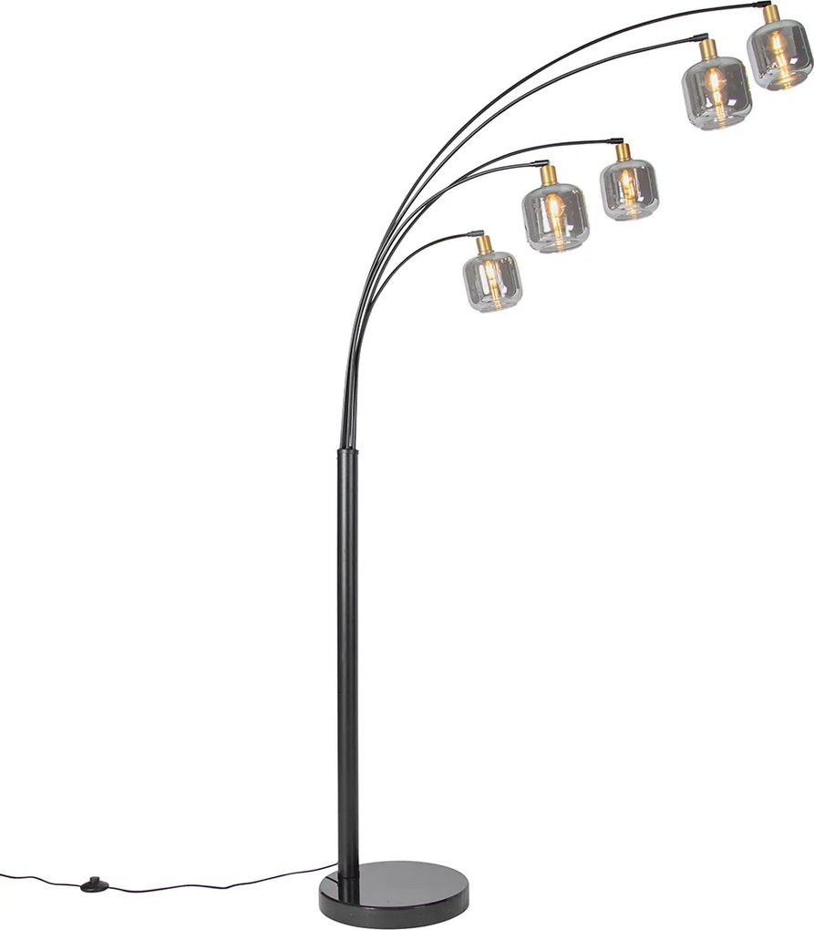 Stojací lampa černá se zlatem a kouřovým sklem 5-světlo - Zuzanna