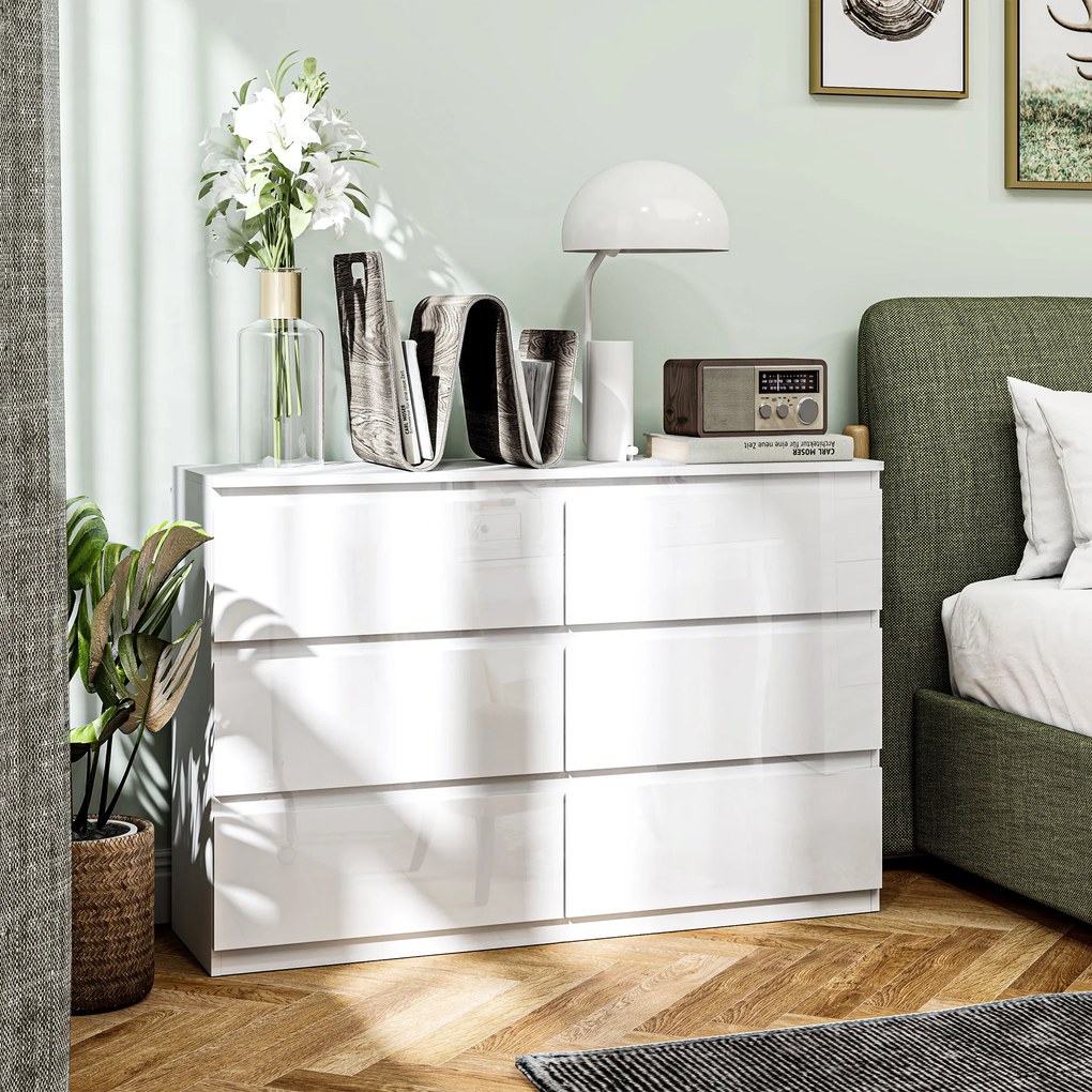 HOMCOM komoda se 6 dřevěnými zásuvkami, moderní a všestranná ložnicová komoda, 112x34x75 cm, bílá
