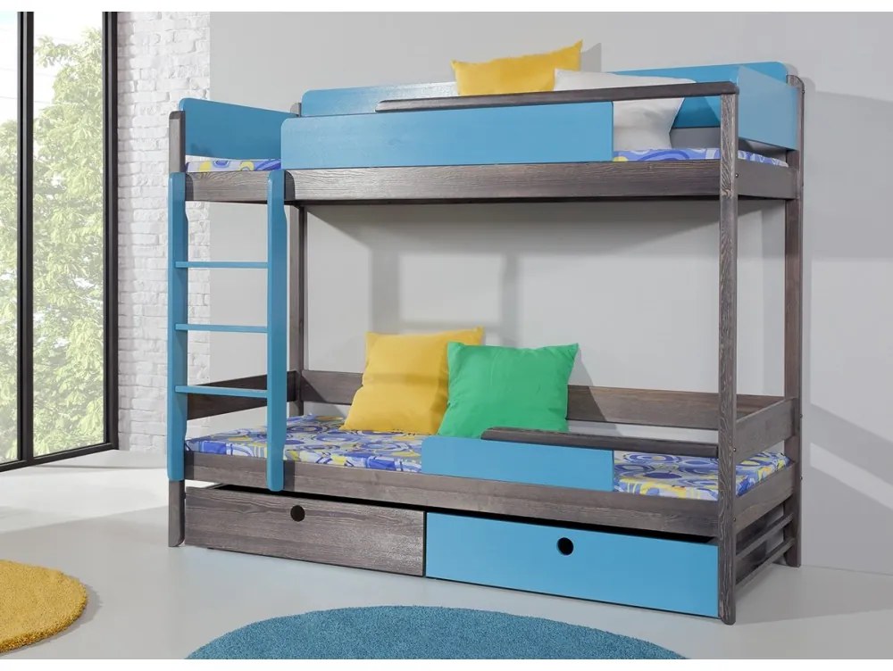 Dětská patrová postel se zábranou a úložným prostorem NATY2, masiv borovice MEBLOBED, Capuccino akryl