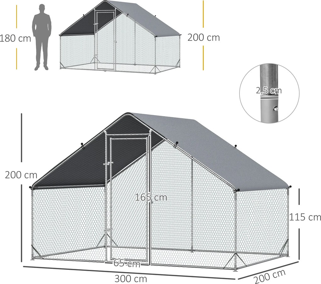 Ocelový kurník PawHut pro volný chov kuřat, 300 x 200 x 200 cm, klec pro kuřata s víkem, dvířka, výběh pro 4-6 kuřat, malá zvířata, stříbrný