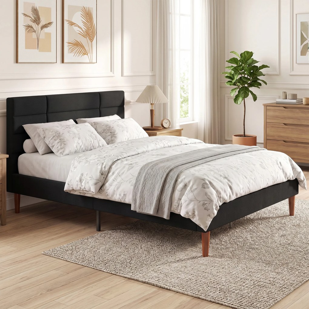 HOMCOM rám postele 140 x 200 cm s lamelovým roštem, polstrovaná manželská postel v lněném vzhledu, úložný prostor pod postelí, tišší, černý