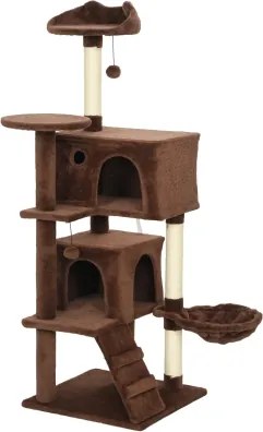 PawHut škrabadlo pro kočky 140 cm s platformami, postelí, 2 jeskyněmi, houpací sítí, žebříkem, sisalovými sloupy, hnědá