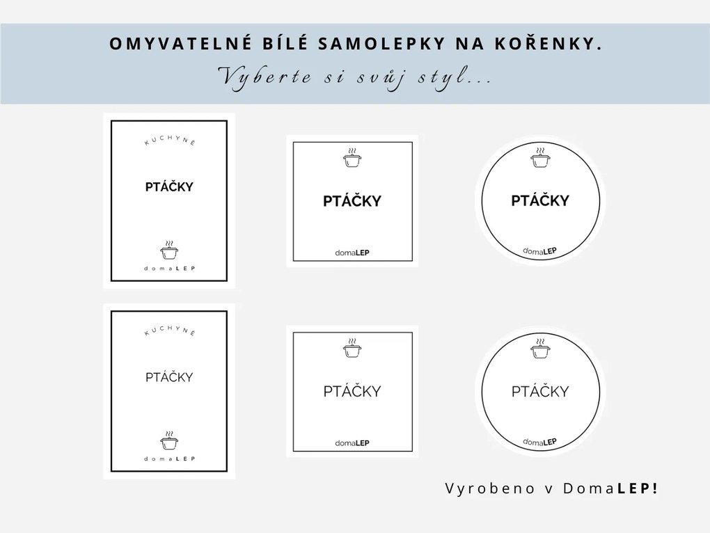 PTÁČKY - omyvatelná samolepka na kořenky, výběr rozměrů Ø 5 cm / 5 x 5 cm / 6 x 8 cm | DomaLEP tvar: KOLEČKO, barva: BÍLÁ - ČERNÉ písmo, velikost: Ø 5 cm - základní písmo