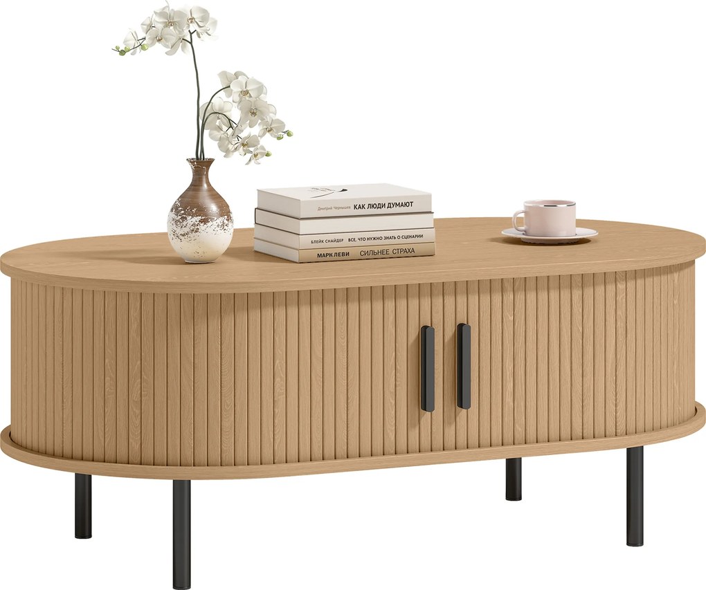 HOMCOM Oválný konferenční stolek z dřeva, moderní obývací stolek s posuvnými dveřmi a skrytým úložným prostorem, 100x55x40 cm, přírodní dřevo