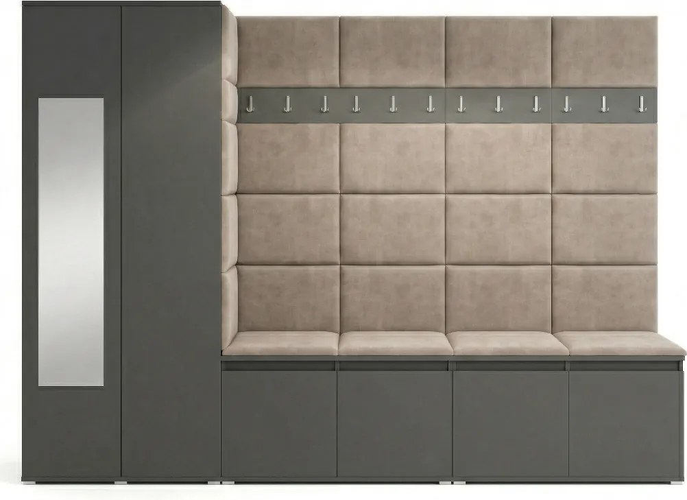 Předsíňová stěna Trinity 9 s čalouněnými panely, 290 cm, grafit/ světle béžová