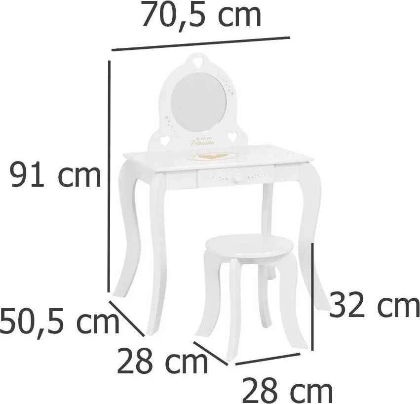 Stůl se zrcadlem a stoličkou, toaletní stolek s jednou zásuvkou, bílý