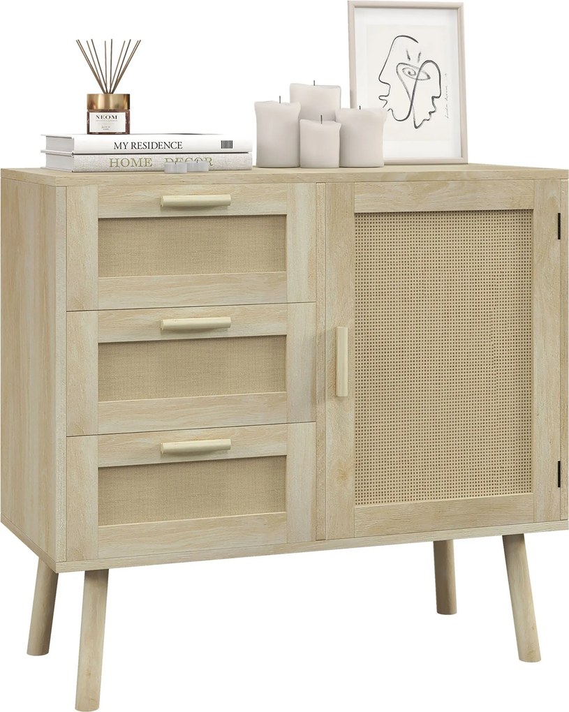 HOMCOM Univerzální skříňka v boho stylu s dvířky a 3 zásuvkami z dřeva a ratanu pro obývací pokoj a předsíň, 80x36x75cm, Dub | Aosom