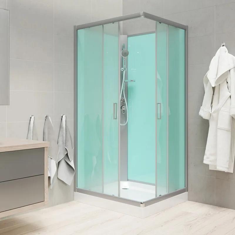 Sprchový box, čtvercový, 90cm, satin ALU, sklo Point, zadní stěny zelené, SMC vanička, bez stříšky (CK34122B) Mereo