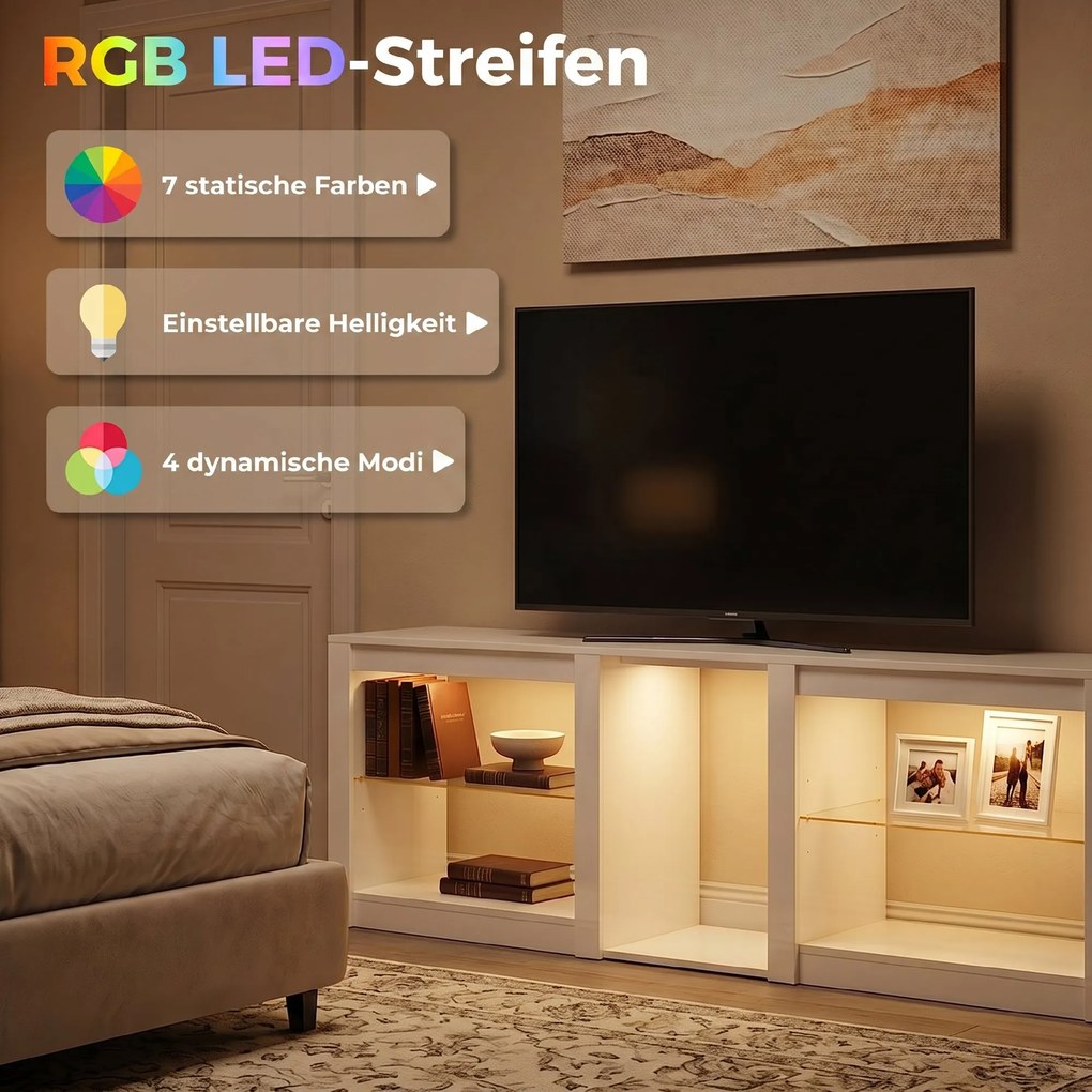 HOMCOM TV komoda s RGB LED osvětlením, moderní TV nábytek s nastavitelnými skleněnými policemi, pro televize až do 75 palců, bílá