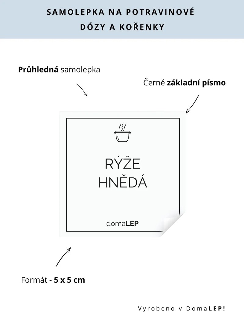RÝŽE HNĚDÁ – průhledná samolepka na dózu, základní písmo, 5 x 5 cm | DomaLEP
