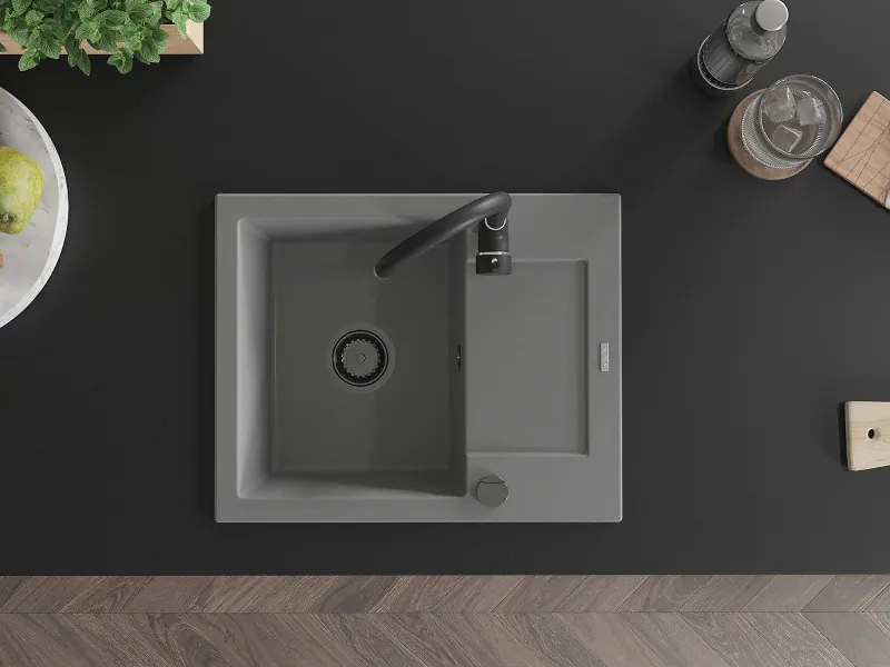 Mexen Enzo, granitový dřez 576x465x174 mm, 1-komorový, šedá s černým sifonem, 6506571005-71-B