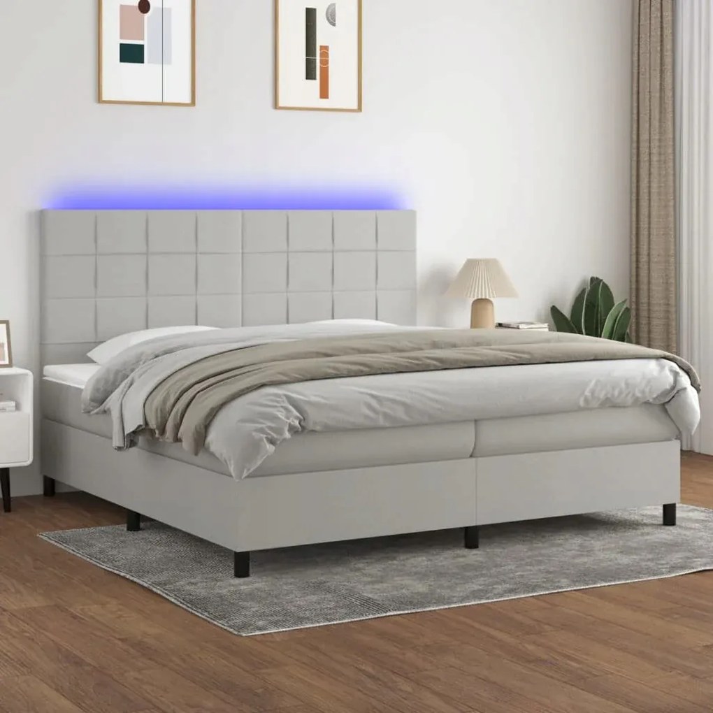 Box Spring Postel S Matrací A Led Textil Světle Šedá Blok se čtverci 200
