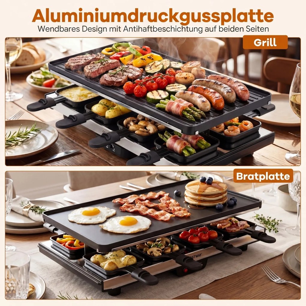 Costway Raclette pro 8 osob Elektrický gril s 2-in-1 oboustrannou nepřilnavou