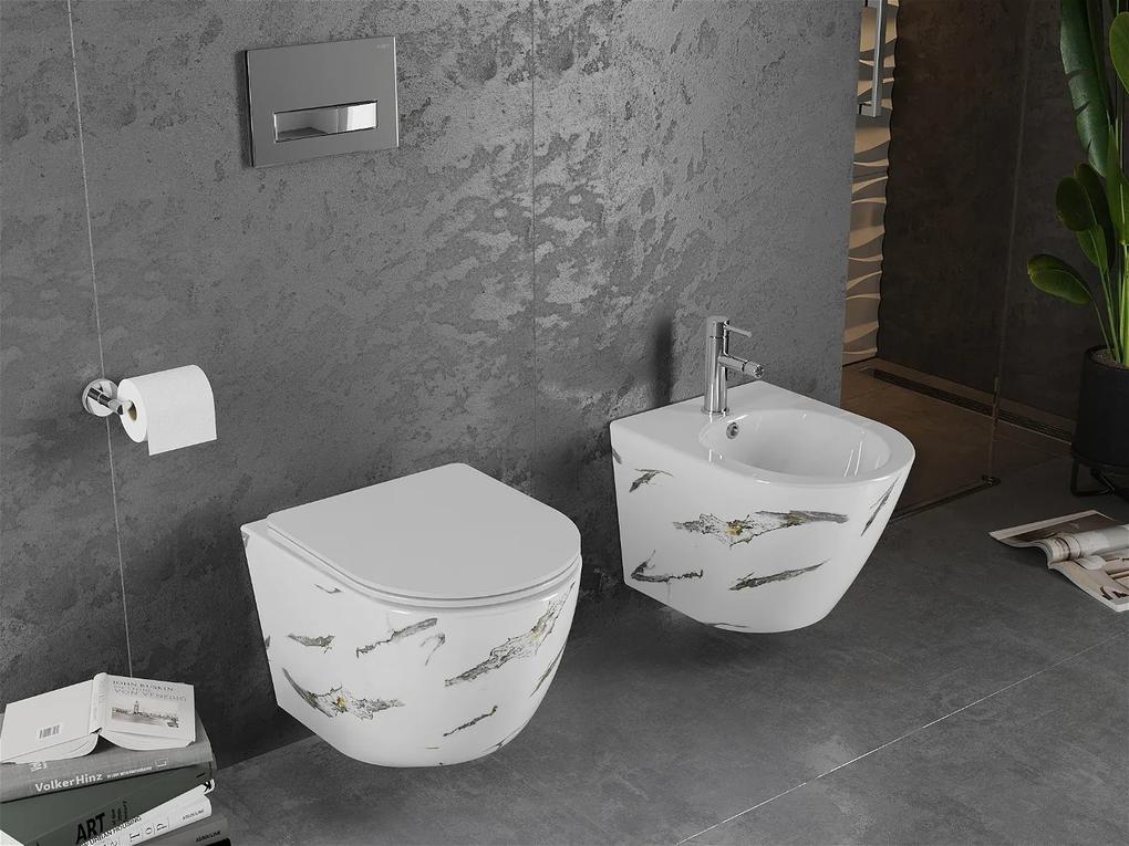 Mexen Lena, závěsná WC mísa Rimless s duroplastovým sedátkem s pomalým zavíráním, imitace mramoru-bílý kámen, 30224091