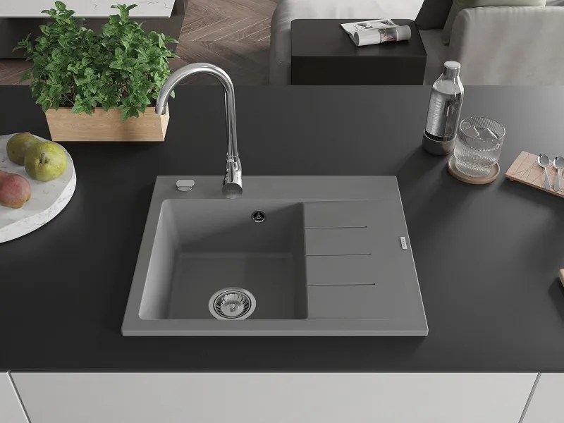 Mexen Ben, 1-komorový granitový dřez 600x500x190 mm, levý+ chromový sifon, šedá, 6522605000-71