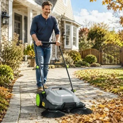 Outsunny ruční zametací stroj s pracovním záběrem 68 cm, 2600 m²/h, 24 L sběrný koš, výškově nastavitelná skládací rukojeť