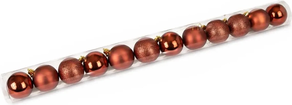 Sada vánočních ozdob měděná 6 cm plastové koule, 4× lesklá, 4× matná, 4× glitter, balení 12 ks