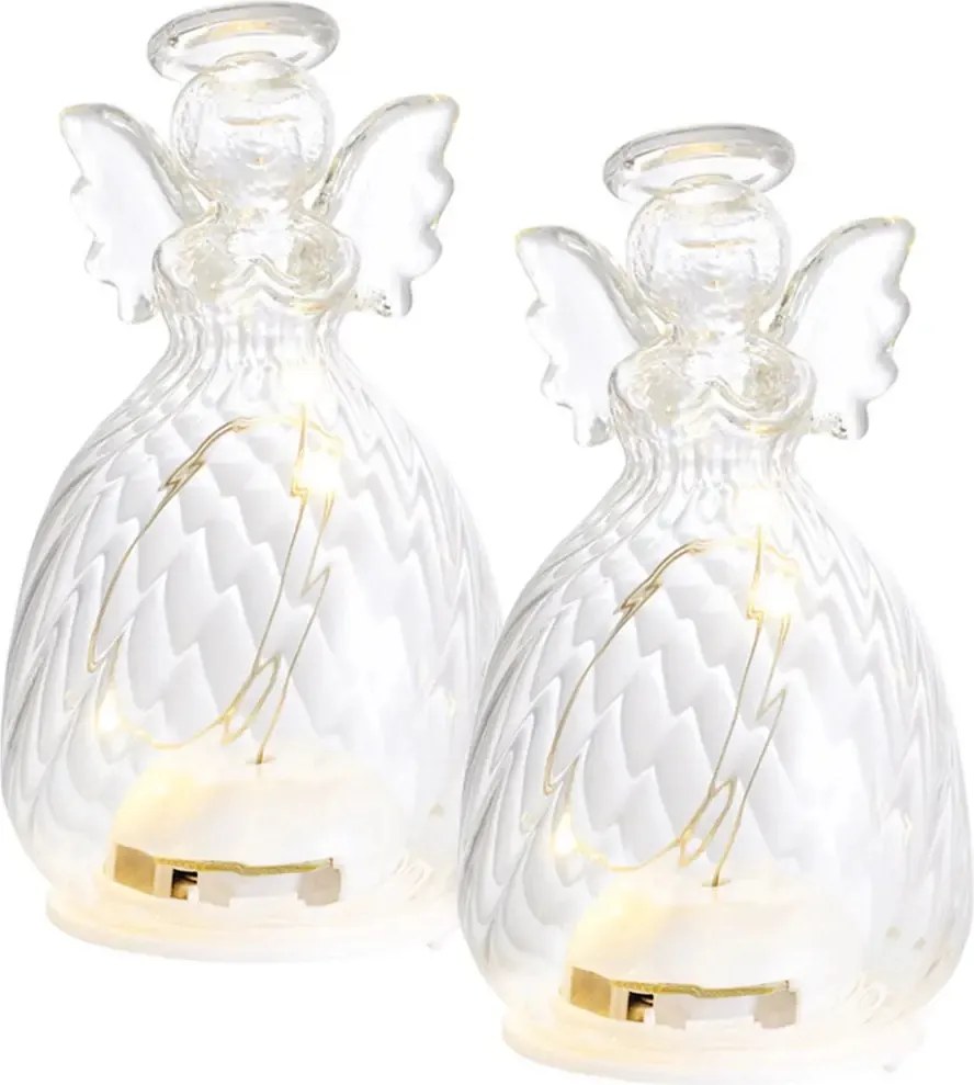 LED svítící anděl skleněný, čirý, 8 cm, sada 2 kusy