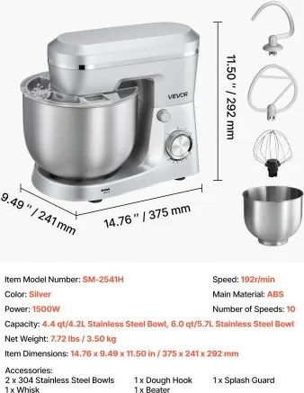 Stolní mixér, Hnětač těsta 1500 W VEVOR