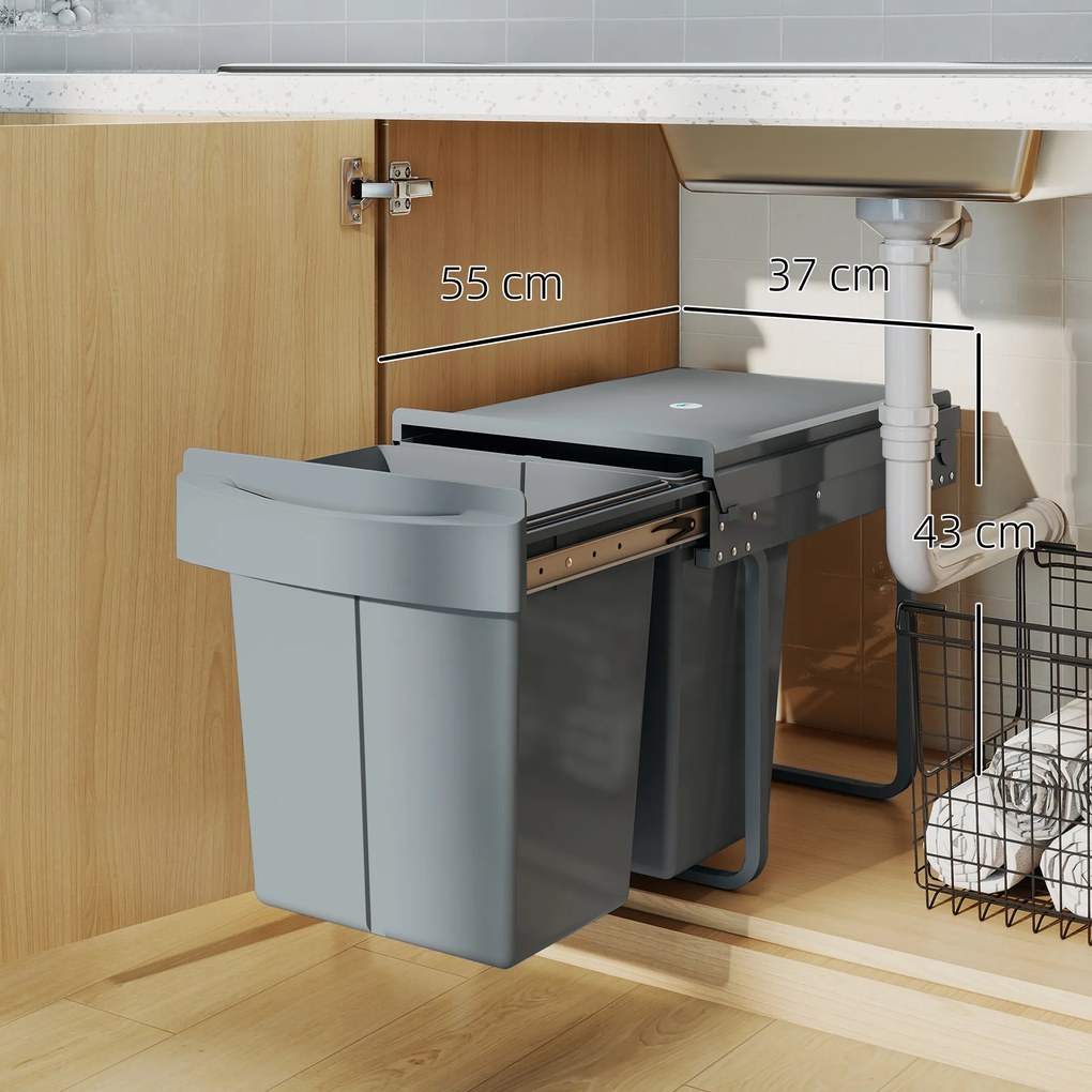 HOMCOM Vysunovací odpadkový koš, 2 x 20 L, vyjímatelné nádoby, plast, kov, šedá