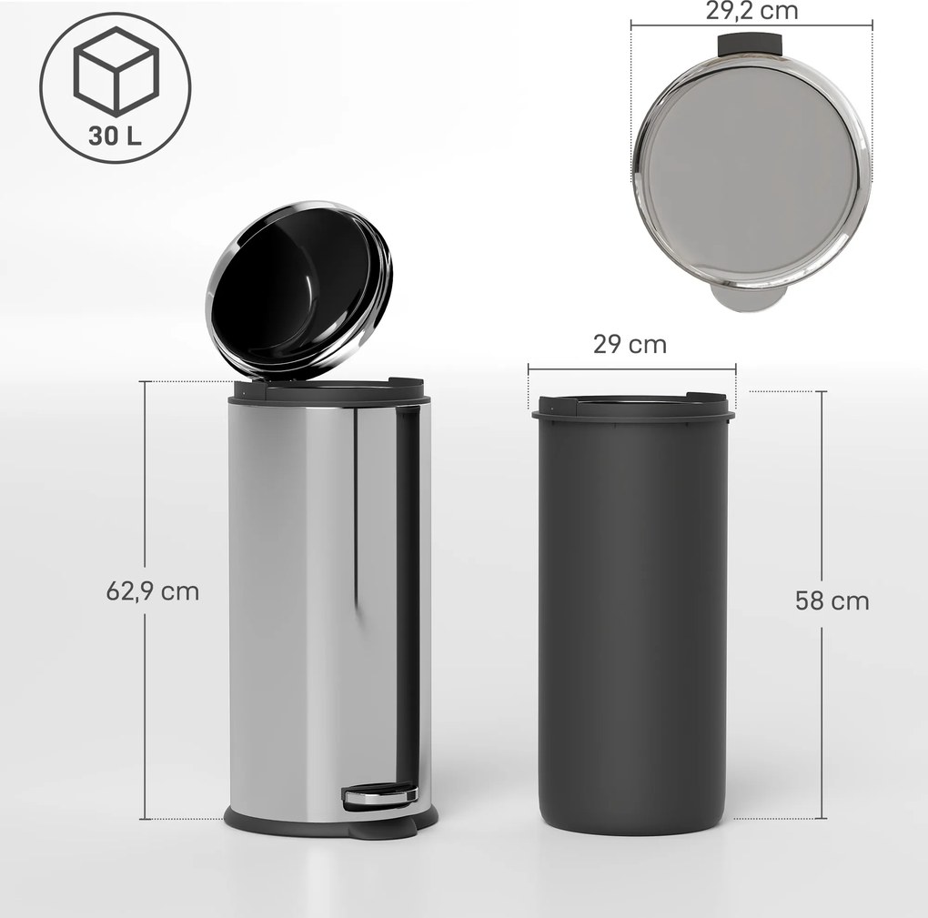 HOMCOM Pedálový odpadkový koš 30 l nerezový pedálový odpadkový koš s vnitřním výklopným víkem hygienický a stříbrný do kuchyně a koupelny | Aosom.de