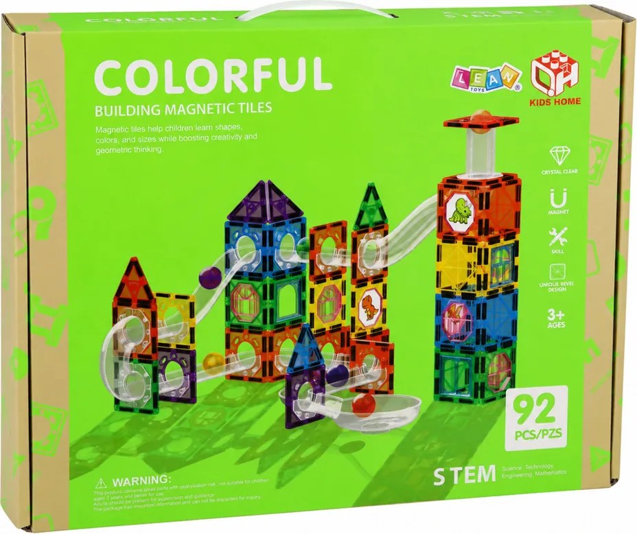 LEAN Toys Magnetické stavební kostky – dráha pro kuličky STEM s motivem dinosaurů, 92 dílů