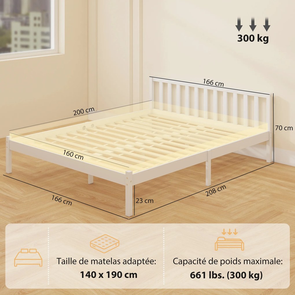 HOMCOM Pevný dřevěný rám postele 160x200 cm jednolůžko s čelem a pevnou roštovou konstrukcí pro děti i dospělé