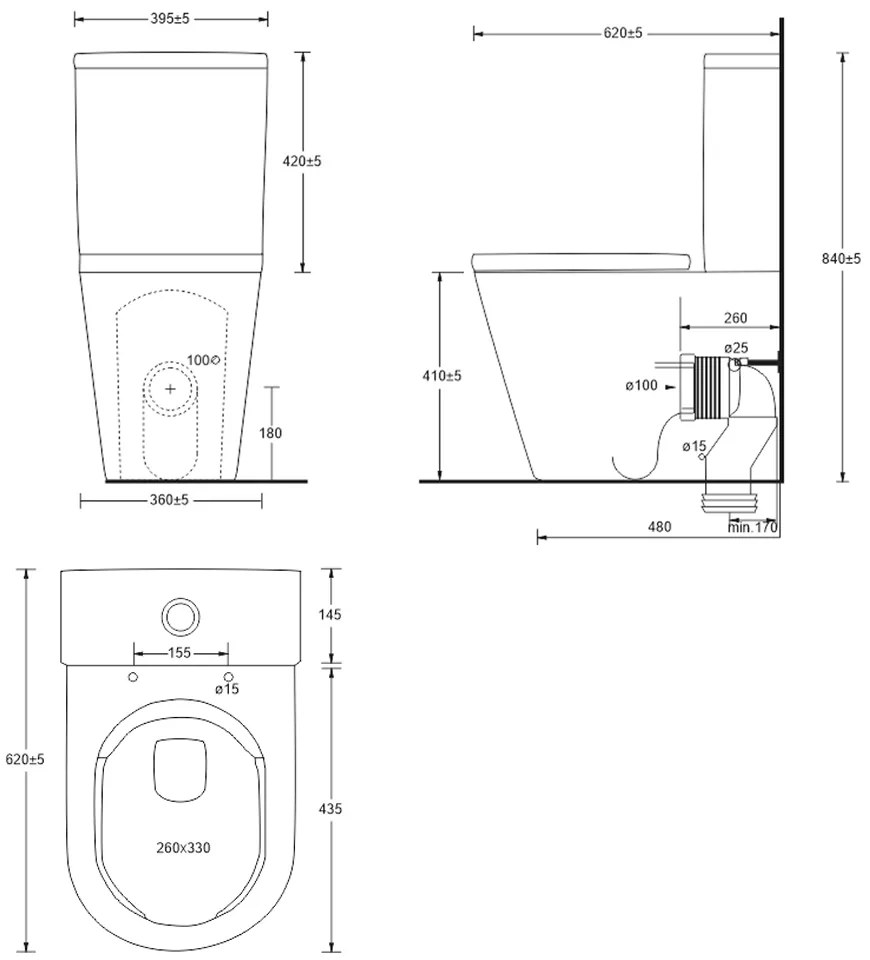 Mereo WC kombi 395 x 840 x 620 mm Smart Flush Rimless spodní/zadní odpad vč. sedátka bílá VSD91T1