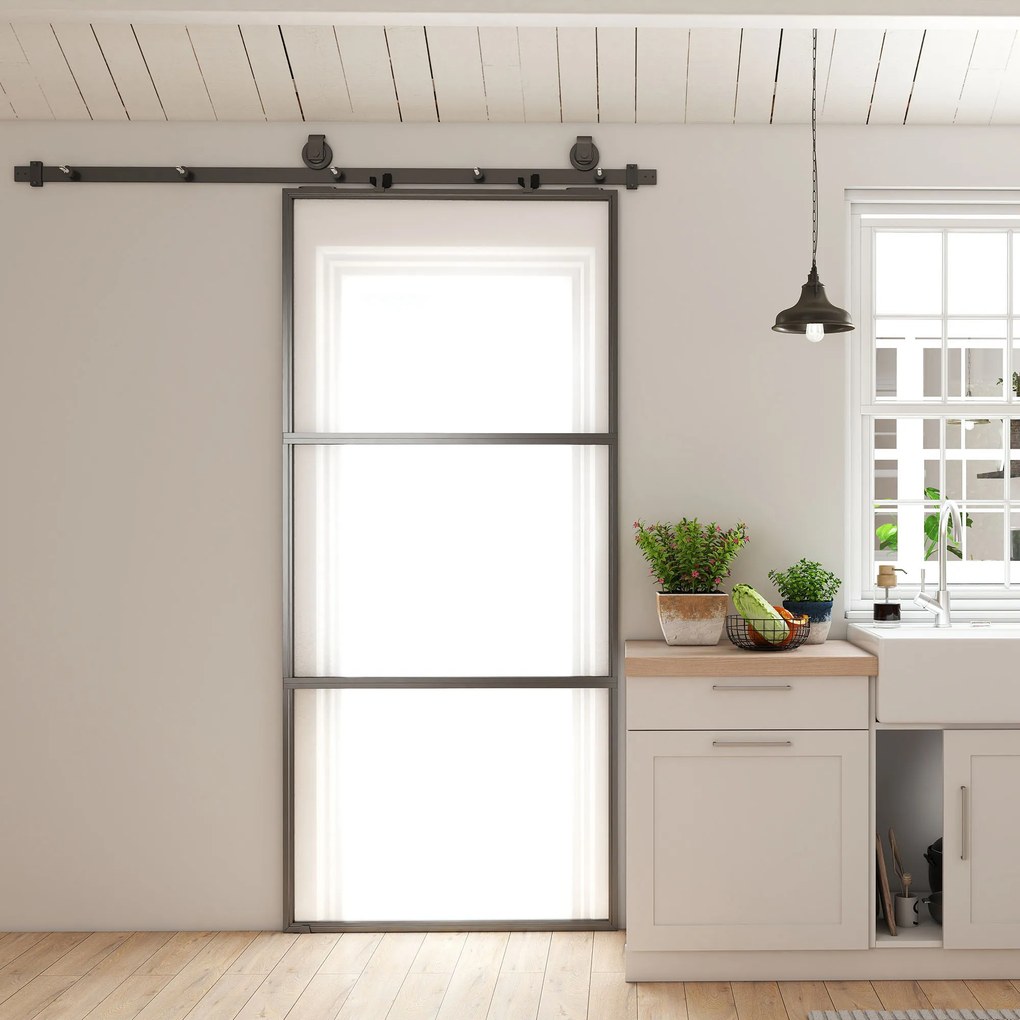 HOMCOM Posuvné Dveře s Hardwarem - Skleněné Posuvné Dveře s Mechanismem Tichého Zavírání pro Koupelnu, Obývací Pokoj a Kuchyni 91,4x203,2 cm Černé