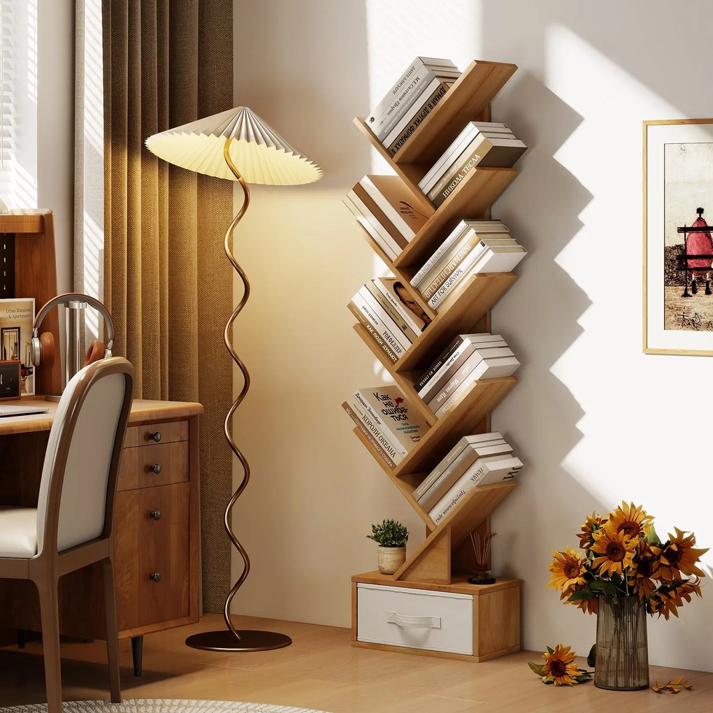 Costway 10 Tier Tree Bookshell se zásuvkovou podlahou Stojací úložná police