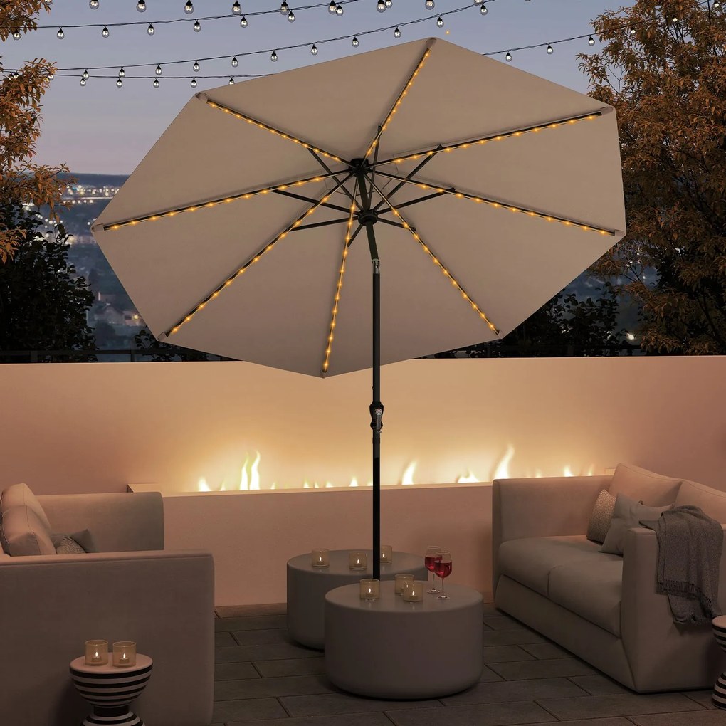 Costway Slunečník 300 cm s LED solárním osvětlením 9 režimy osvětlení s klikou