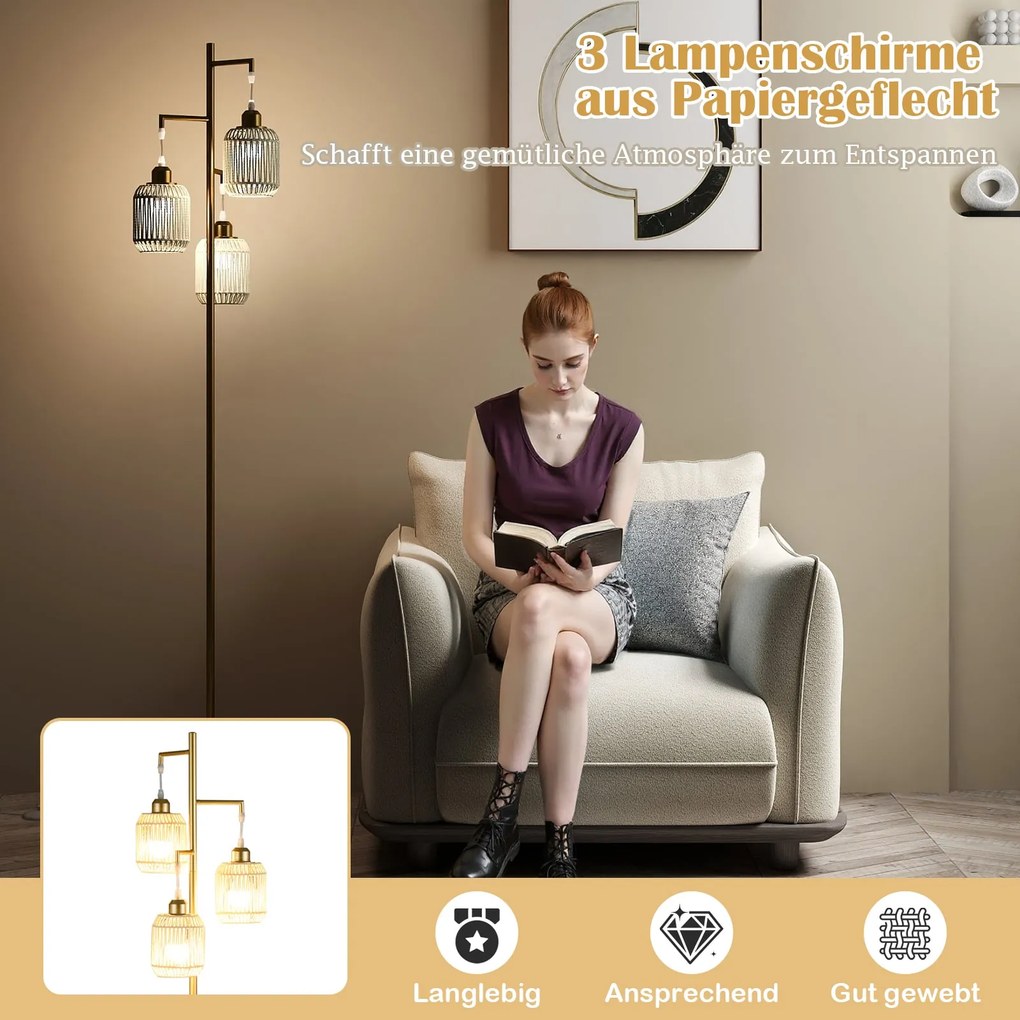 Costway Stojací lampa 173 cm lampa na čtení s 3 E27 zásuvkami a nožním spínačem