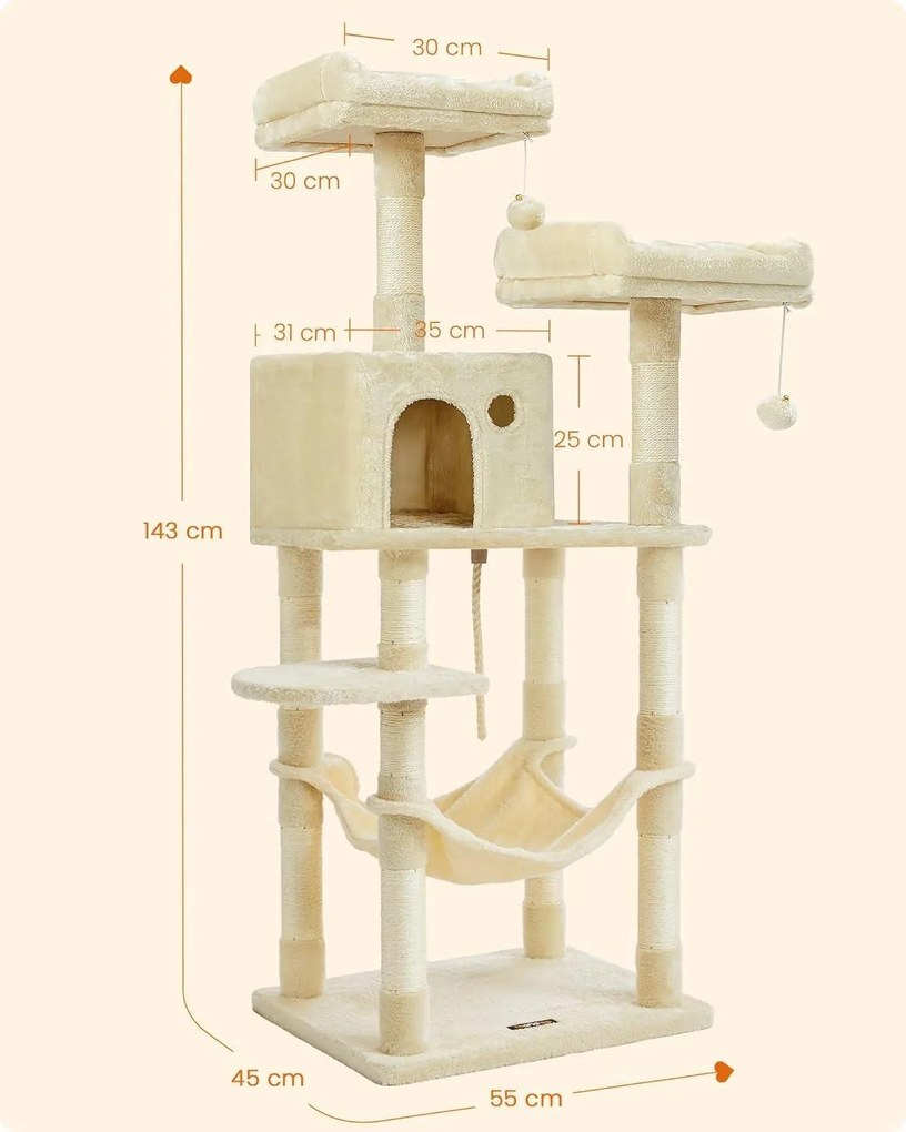 Kočičí strom, stabilní kočičí věž, 143 cm, béžová | feandrea