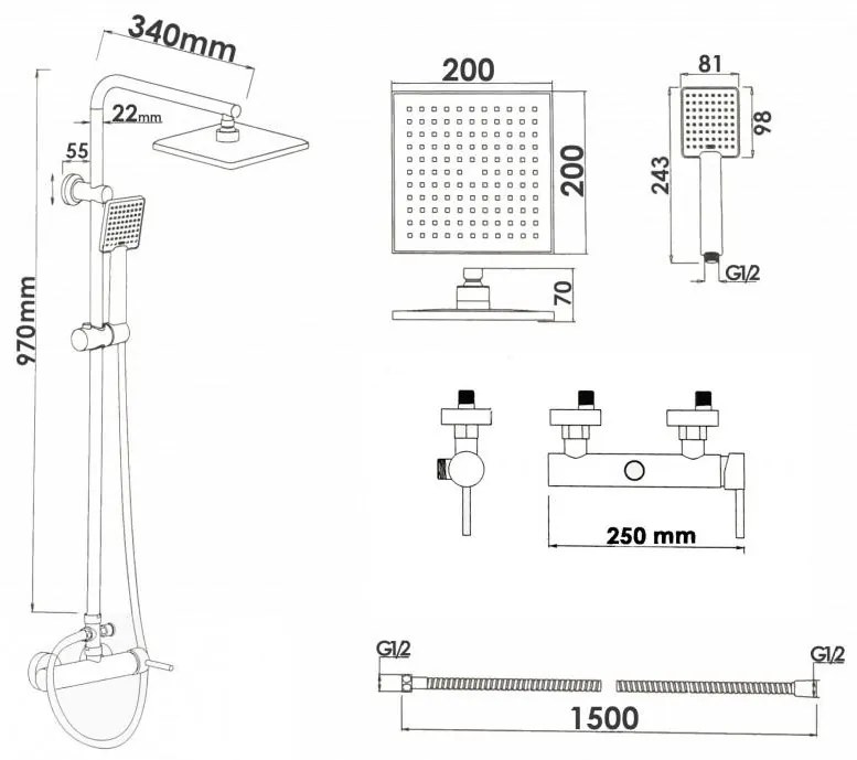 Erga Tiki, sprchová souprava s pákovou baterií a dešťovou hlavicí 20x20 cm, černá matná, ERG-YKA-BP.TIKI-BLK