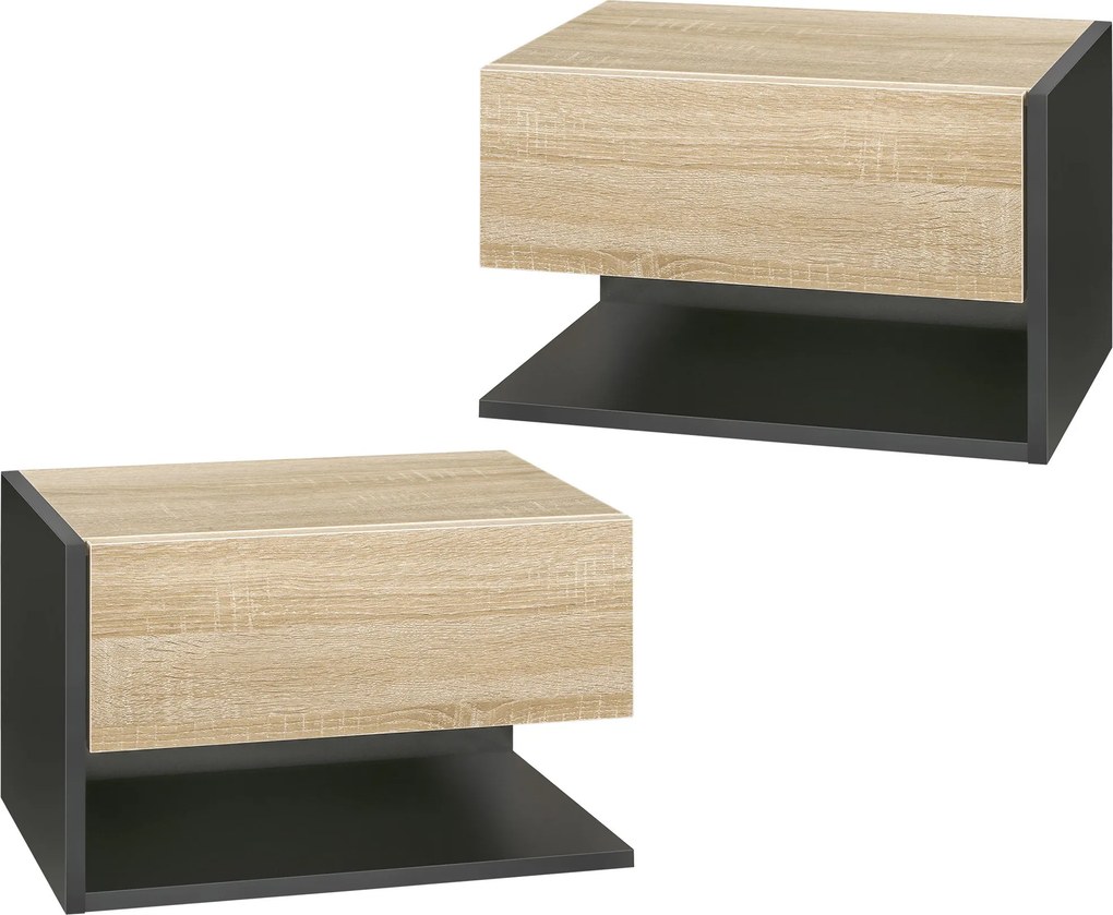 HOMCOM Sada 2 floating nočních stolků se zásuvkou a otevřenou poličkou do ložnice 46x30x30 cm Dub a černá | Aosom