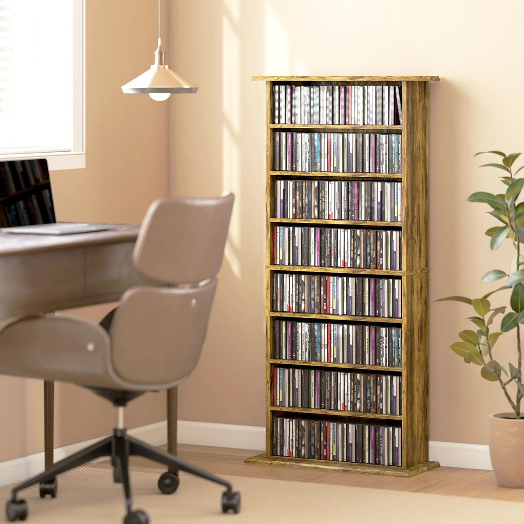 HOMCOM Úložný prostor na CD a DVD s 8 přihrádkami a 6 nastavitelnými policemi, maximální kapacita 360 CD/185 DVD a Blu-ray, hnědá