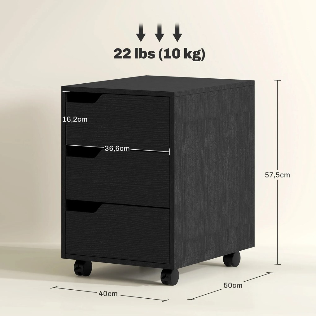 HOMCOM Kancelářská zásuvková jednotka na kolečkách, skříňka na dokumenty se 3 zásuvkami, organizér na stůl 40x50x57,5 cm, černá