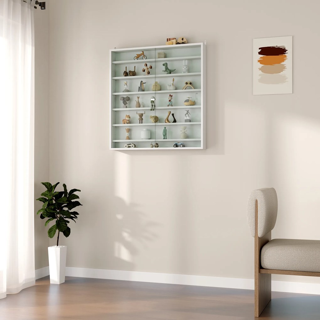 HOMCOM nástěnná vitrína na sběratelské předměty, 80 × 9,5 × 83 cm, 6 nastavitelných polic, 2 posuvné skleněné dveře, bílá — pro figurky a modelová au…