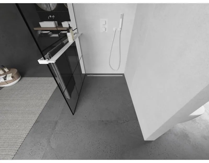 Mexen Kioto+ L, sprchová zástěna Walk-In s poličkou a věšákem 120 x 200 cm, 8mm čiré sklo černý vzor, bílý profil, 800-120-123-20-77