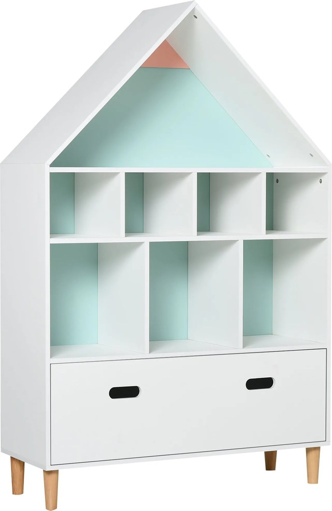 HOMCOM Dětská Dřevěná Knihovna Ve Tvaru Domu se 8 Otevřenými Přihrádkami a Dvoubarevným Šuplíkem 82x30x126 cm Bílá | Aosom
