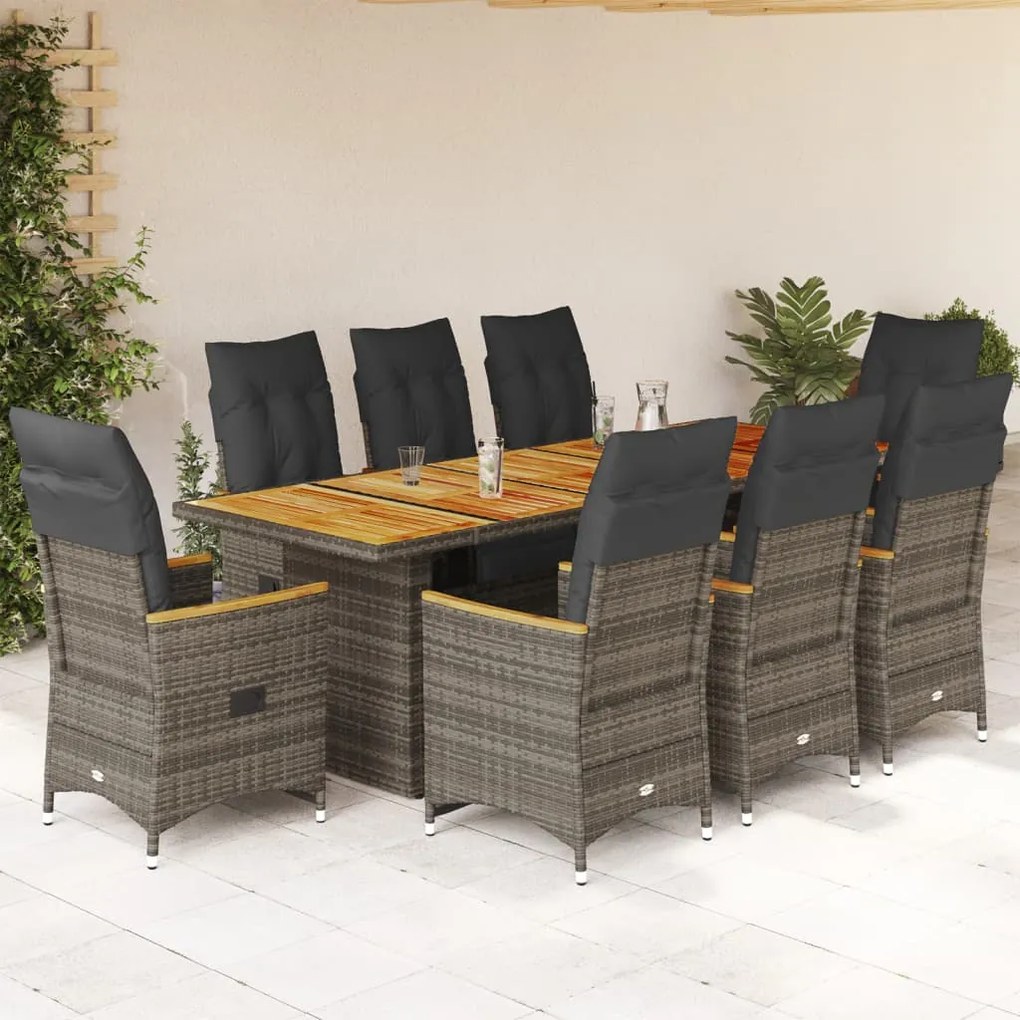 9dílný zahradní bistro set s poduškami šedý polyratan 3277269