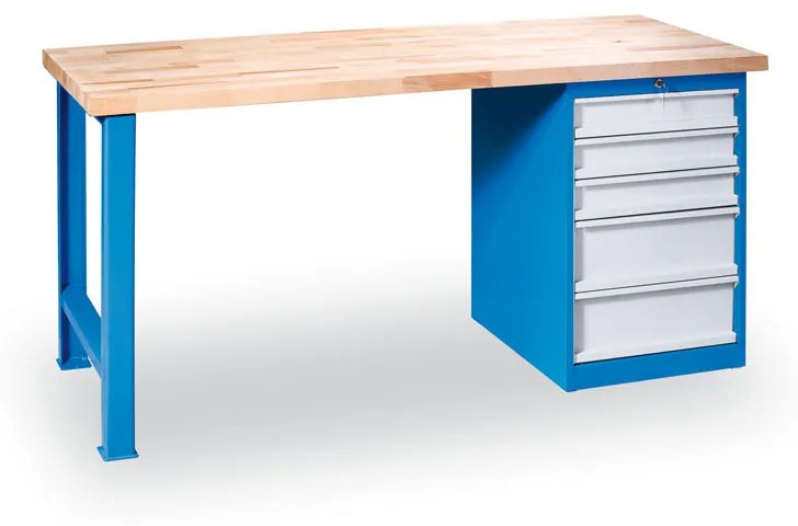 Dílenský pracovní stůl GÜDE Variant, buková spárovka, pevná noha + zásuvkový dílenský box na nářadí, 5 zásuvek, 1200 x 685 x 850 mm, modrá