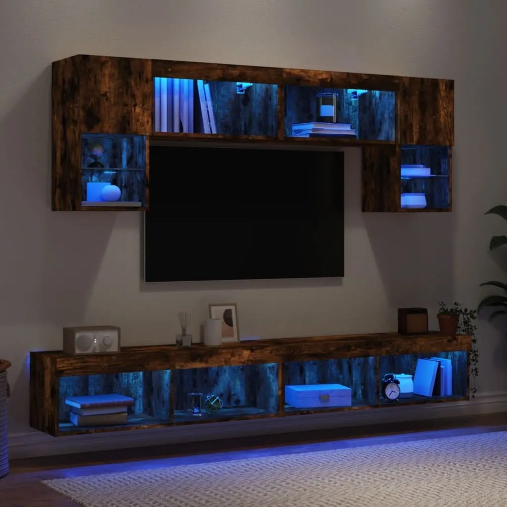6dílná obývací stěna s LED kouřový dub kompozitní dřevo 3216708