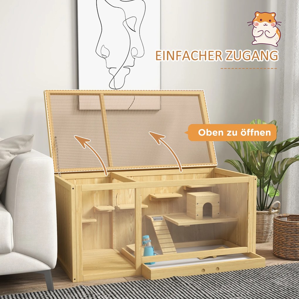 PawHut klec pro křečky dřevěná bouda pro malá zvířata, domeček pro pískomily, s houpačkami, žebříky, otevírací střechou, bouda, 100cm, přírodní